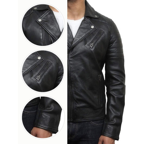 Mens Black Biker Leather Jacket Stylish ziped Brando Look -Grady